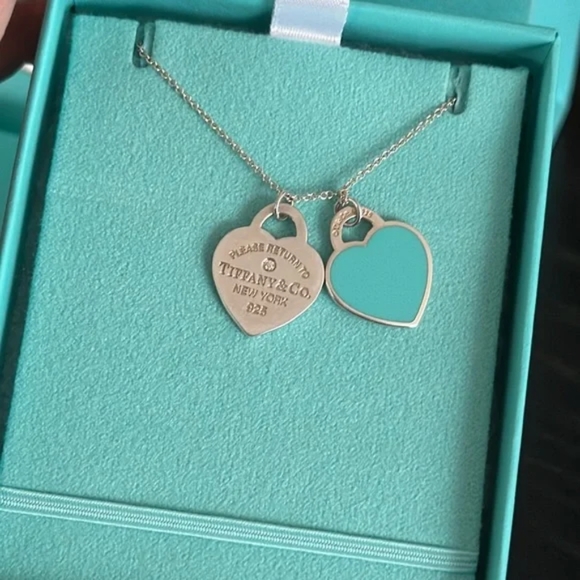 Jewelry | Tiffany Co Blue Double Heart Tag Pendant With Small Diamond ...